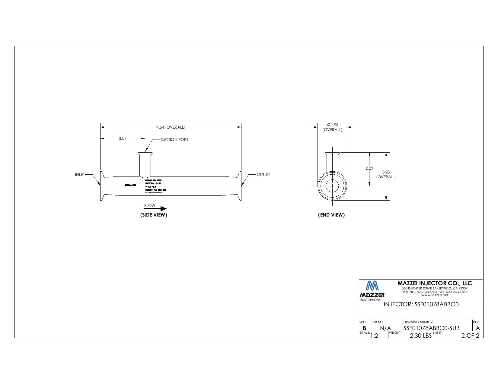 Mazzei - 1078 Series - 1.0” Male NPT Inlet/Outlet Connections (0.50” B ...
