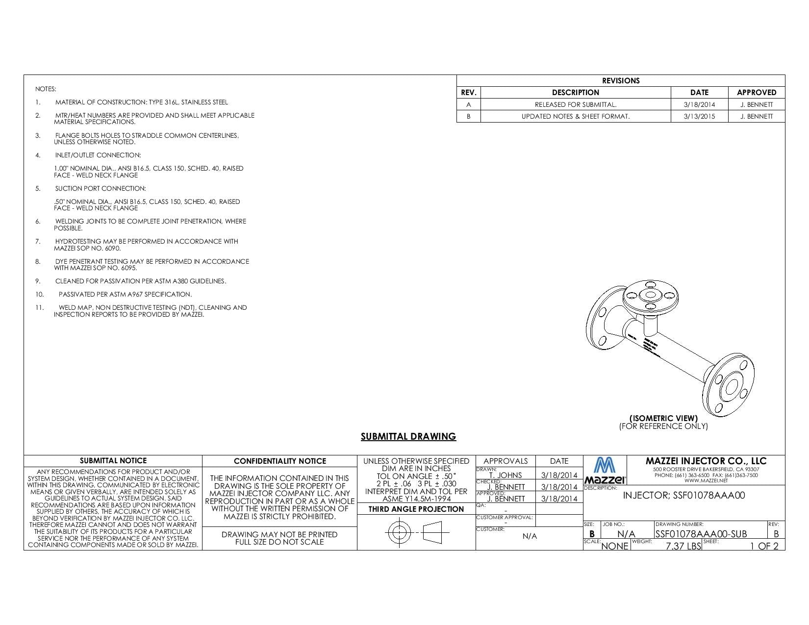 Mazzei - 1078 Series - 1.0” Male NPT Inlet/Outlet Connections (0.50” B ...
