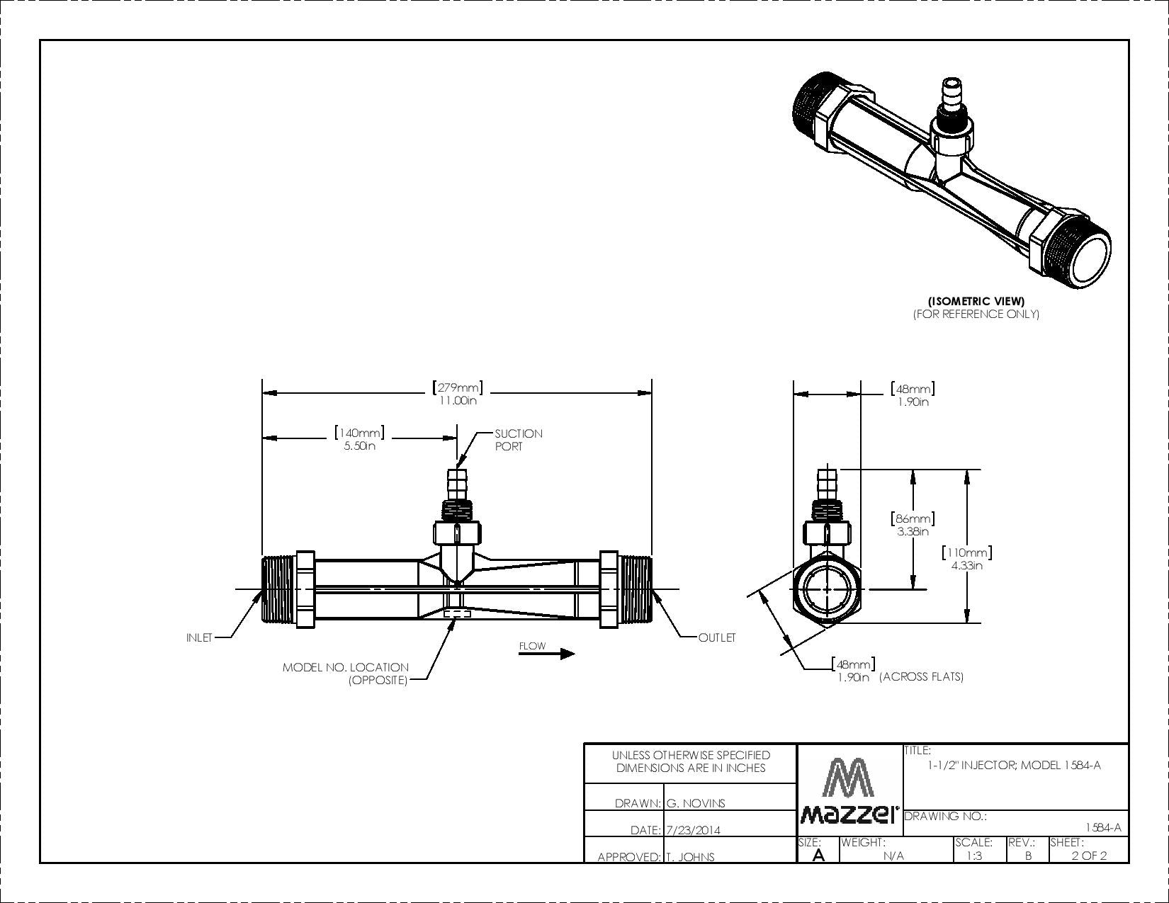 Mazzei - 1584 Series - 1.5" Male NPT Inlet/Outlet Connections (0.50" B ...