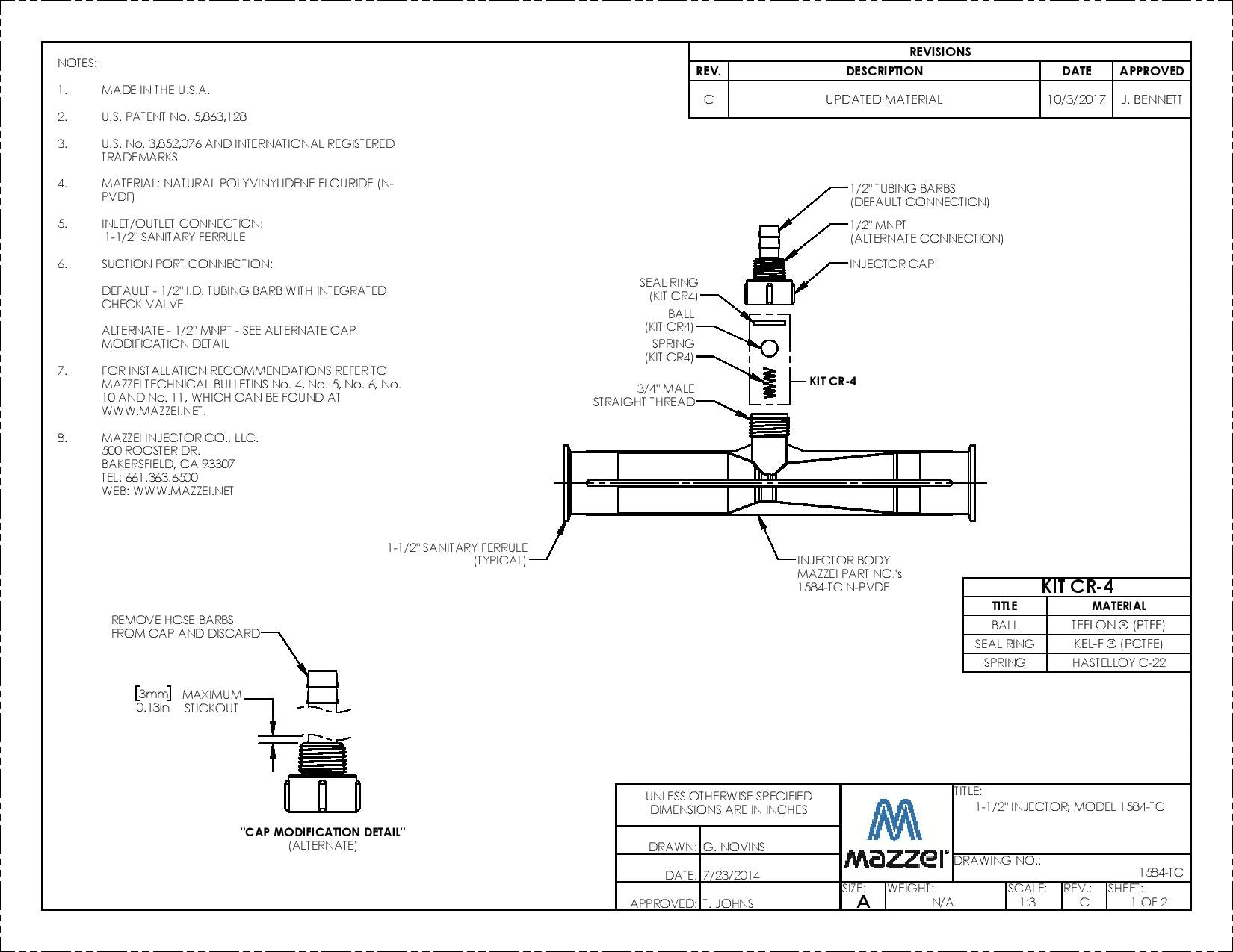 Mazzei - 1584 Series - 1.5" Male NPT Inlet/Outlet Connections (0.50" B ...