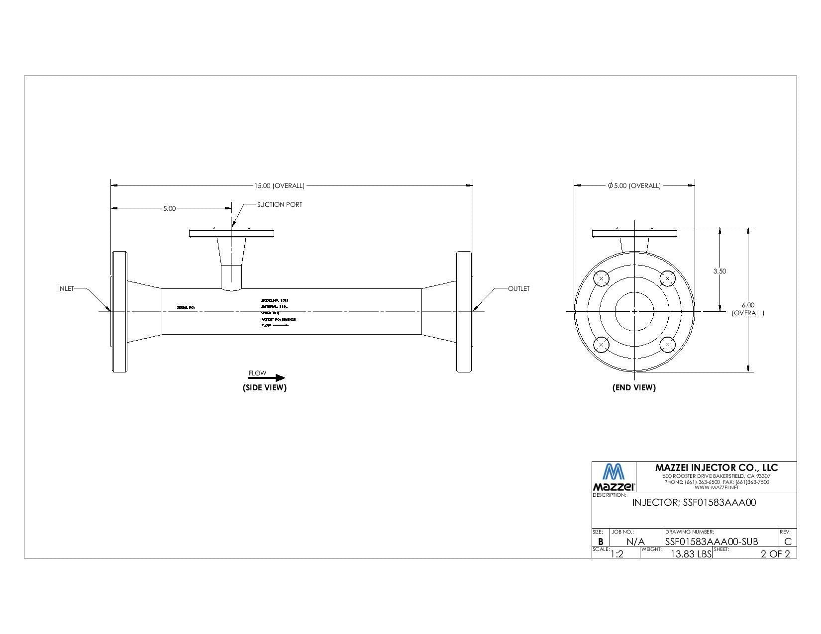 Mazzei - 1584 Series - 1.5" Male NPT Inlet/Outlet Connections (0.50" B ...