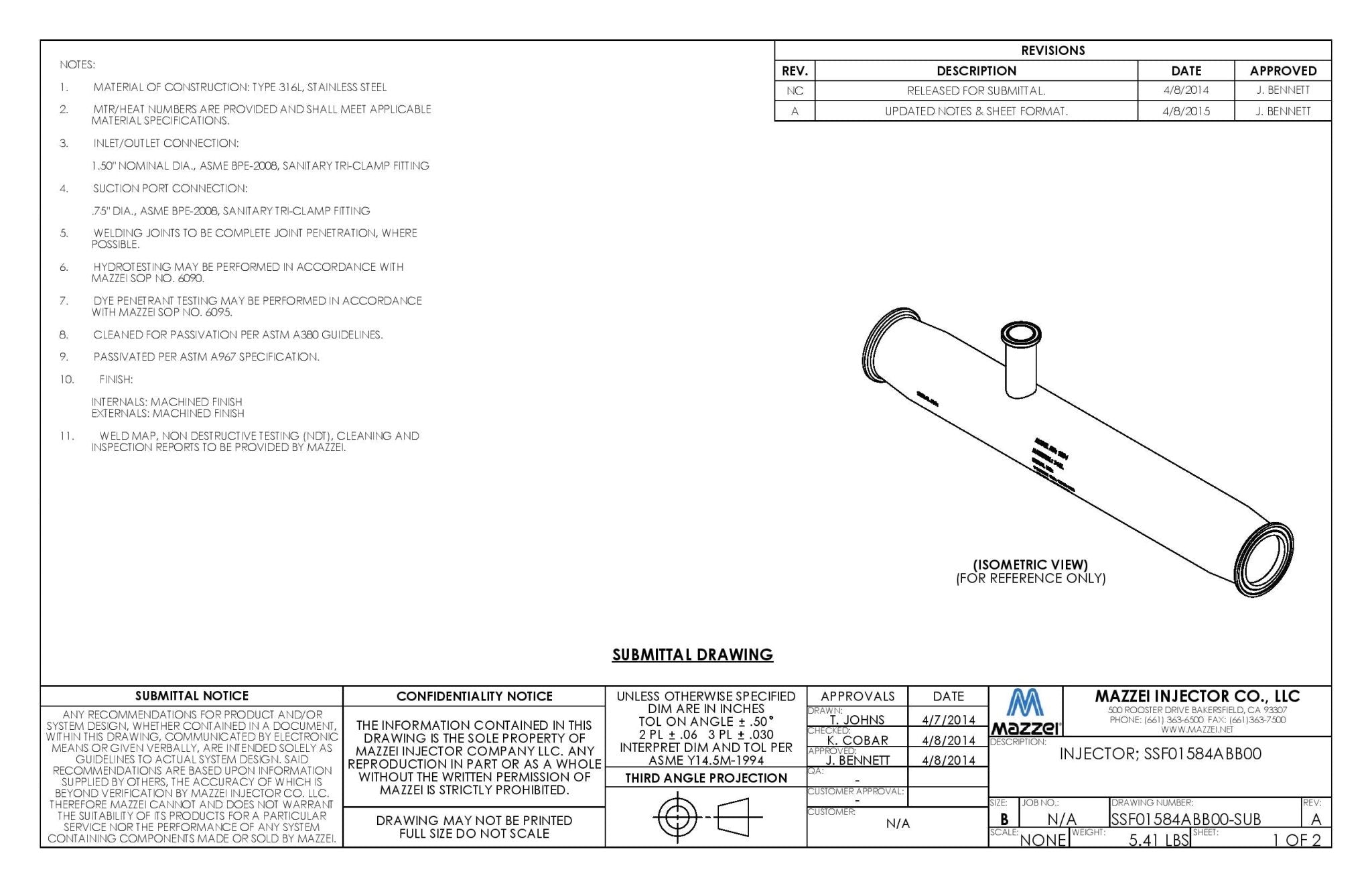 Mazzei - 1584 Series - 1.5" Male NPT Inlet/Outlet Connections (0.50" B ...