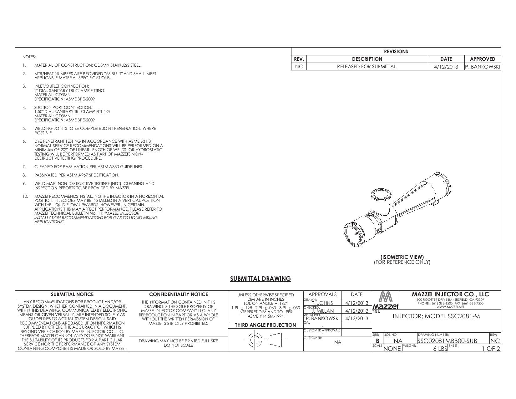 Mazzei - 2081 Series - 2.0" Male NPT Inlet/Outlet Connections (1.25" M ...