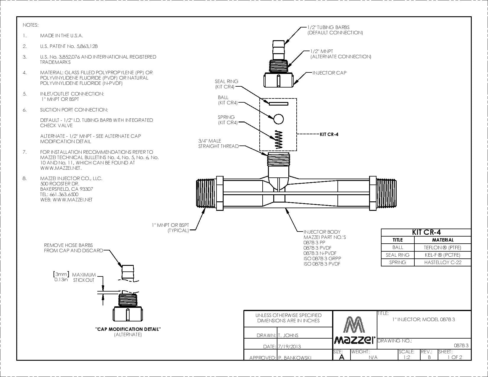 Mazzei - 878 Series - 1.0” Male NPT Inlet/Outlet Connections (0.50” Ba ...